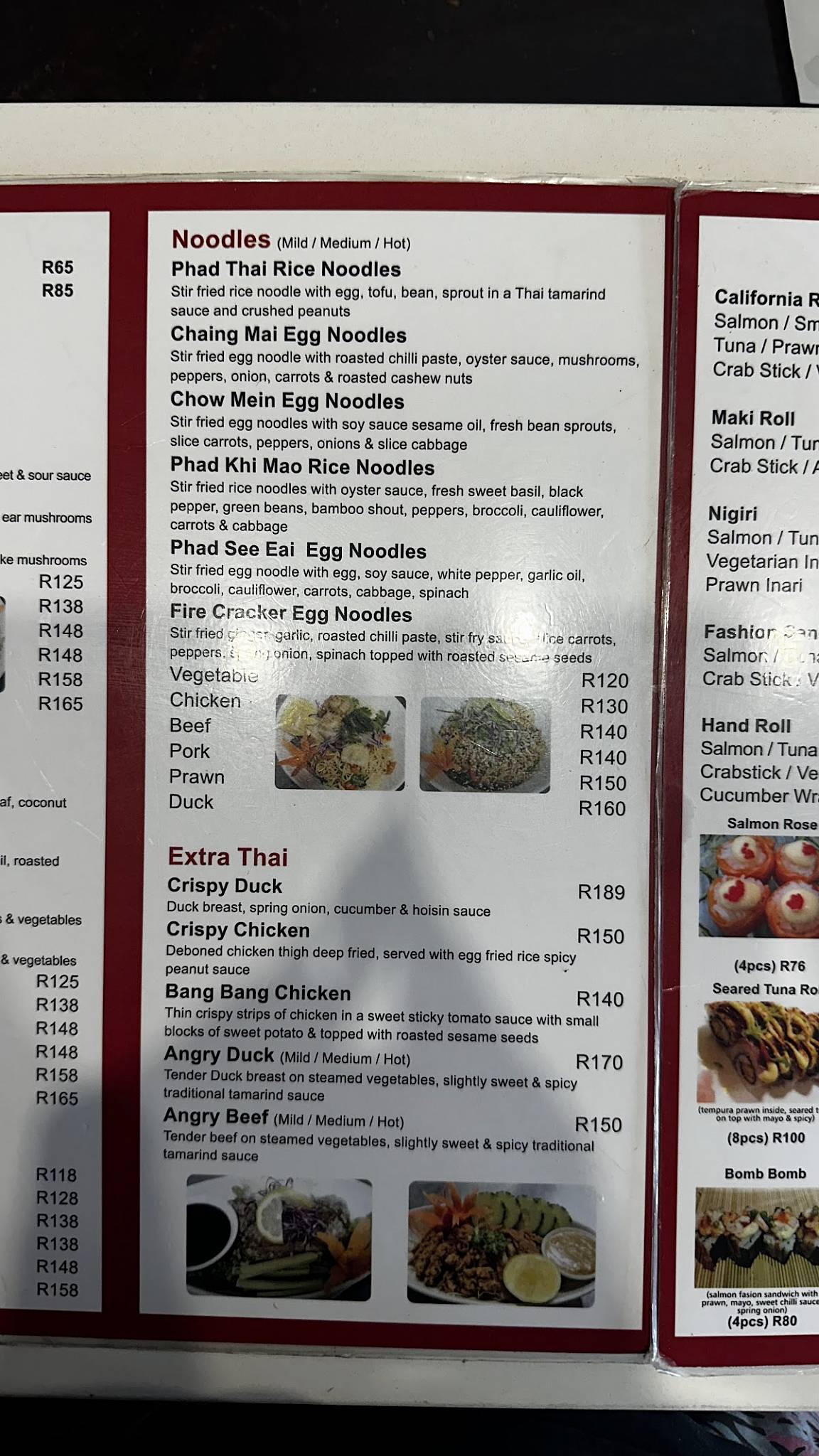 Menu at Mai Thai Sushi Lakeside restaurant, Cape Town