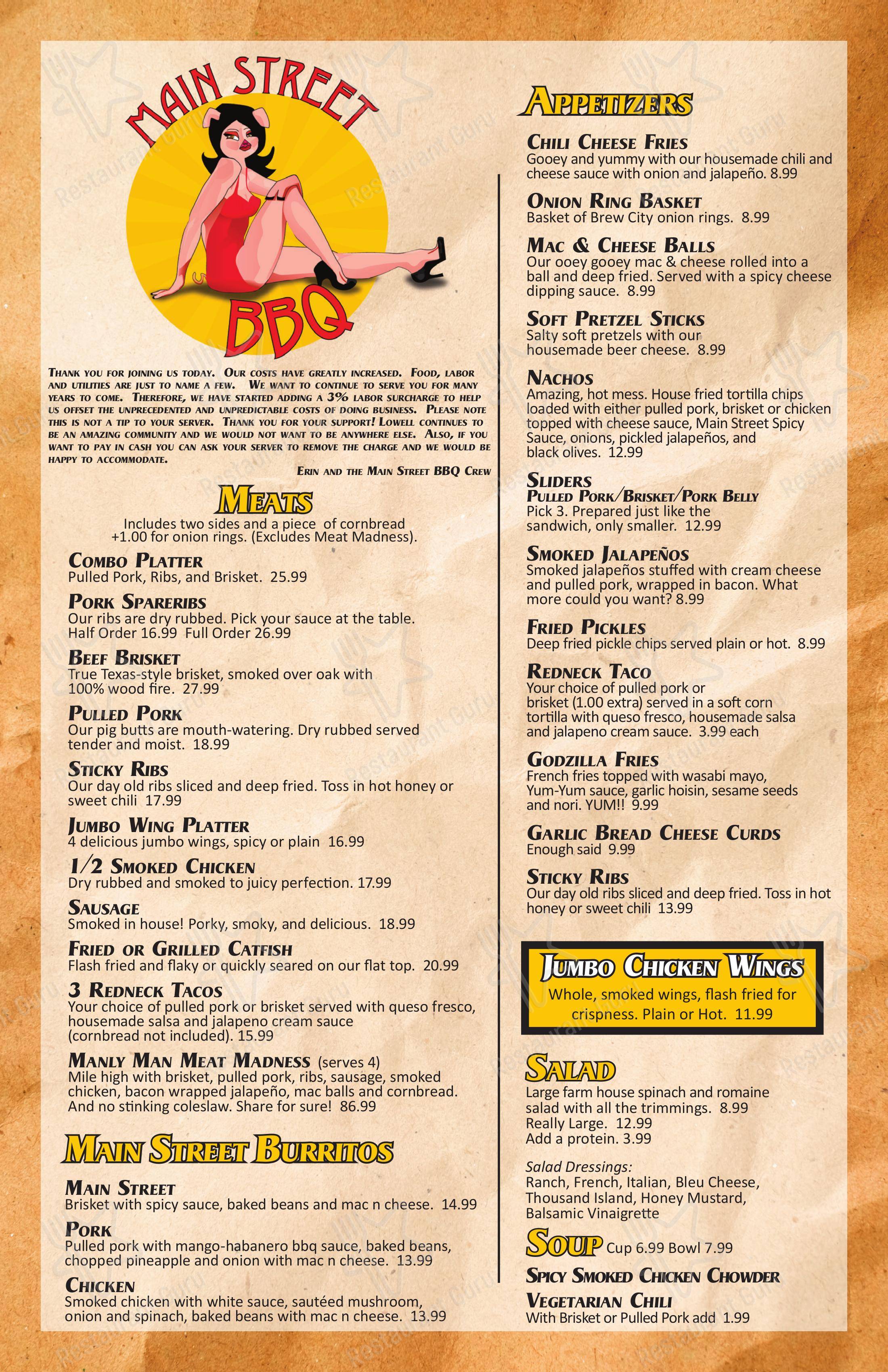 Menu at Main Street Deli & Tavern BBQ, Lowell