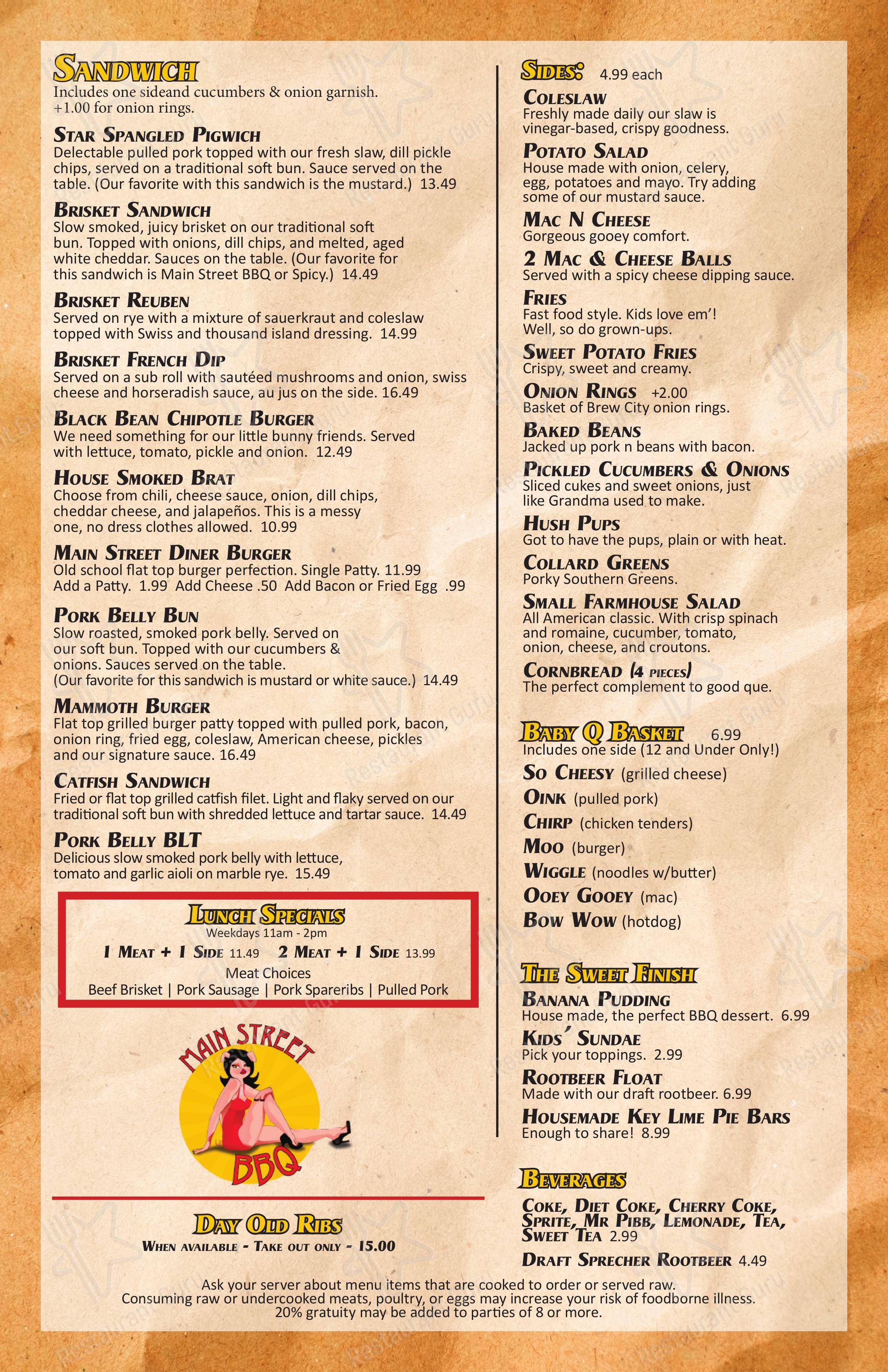 Menu at Main Street Deli & Tavern BBQ, Lowell