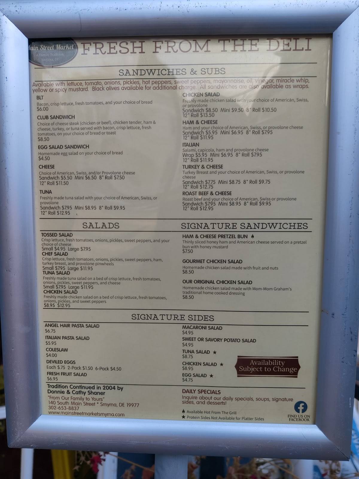 Menu at Main Street Market restaurant, Smyrna
