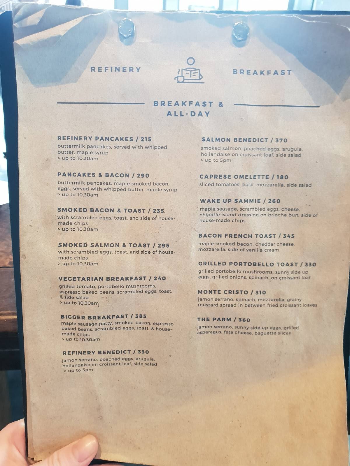 Menu at Refinery cafe, Makati, Joya Tower