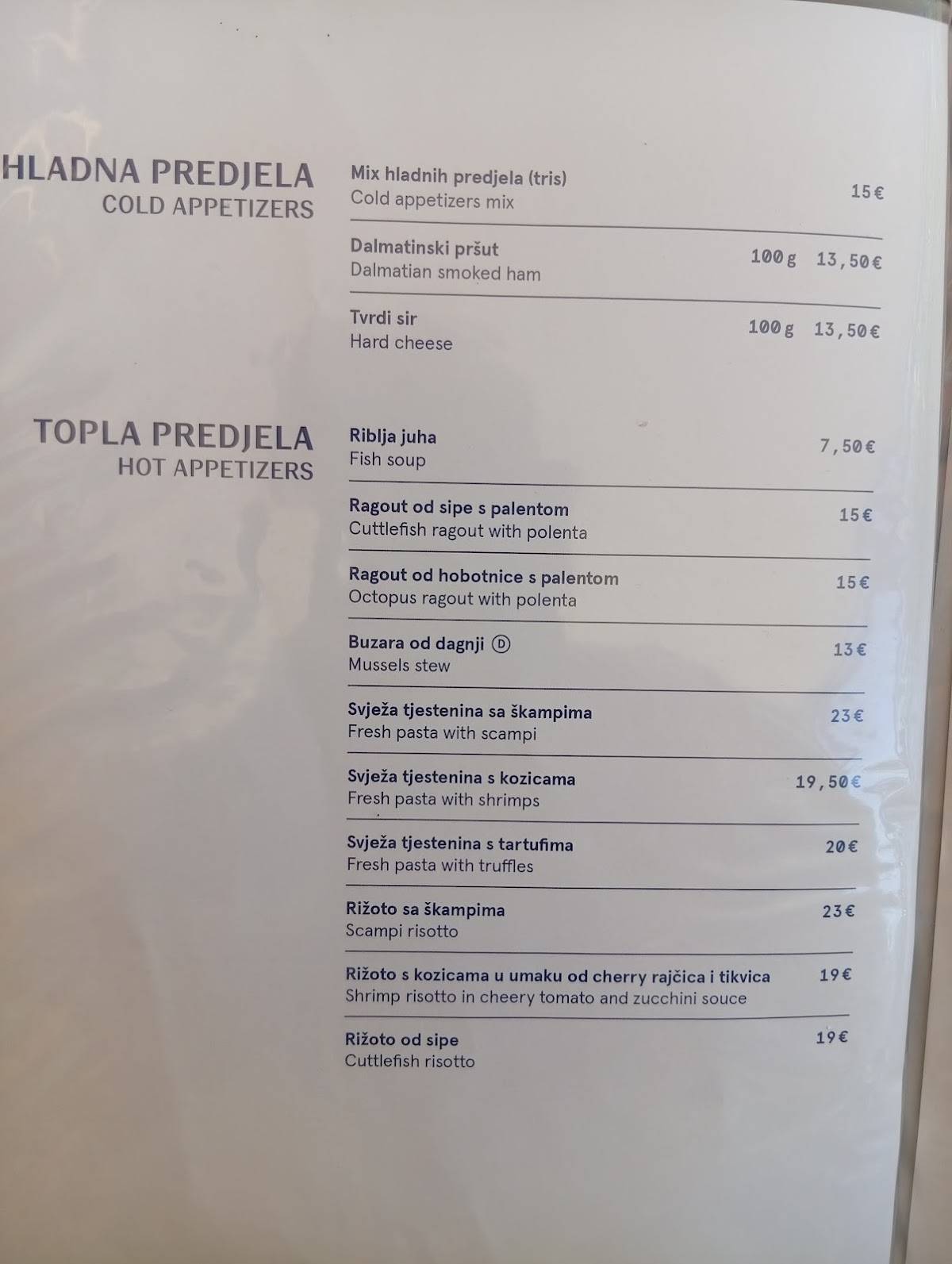 Menu da Mala Riba ristorante, Rubeši