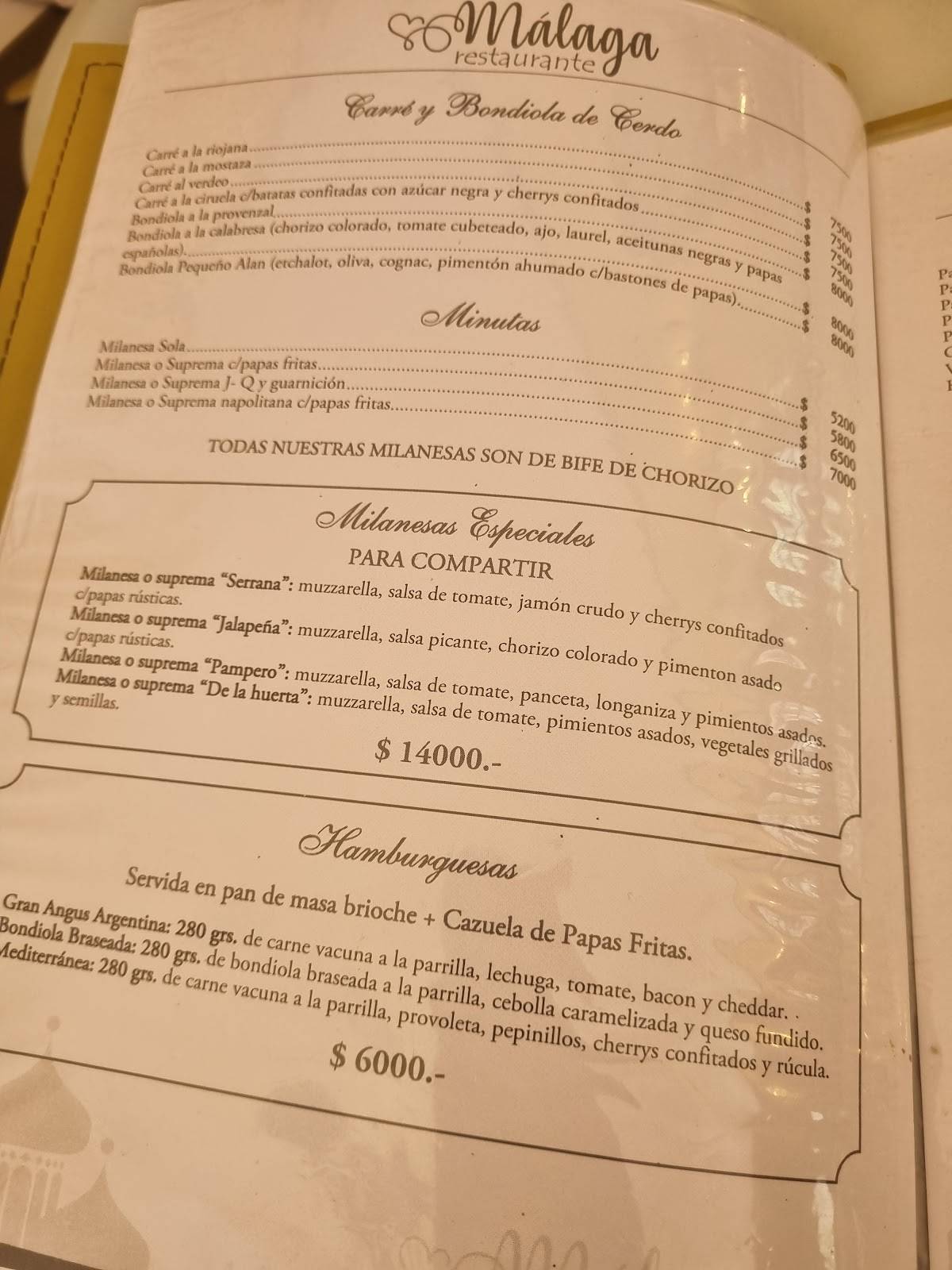 Carta del restaurante Málaga, Mar del Plata