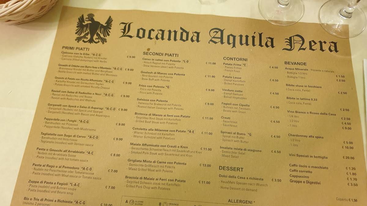 Speisekarte von Locanda Aquila Nera restaurant, Malborghetto