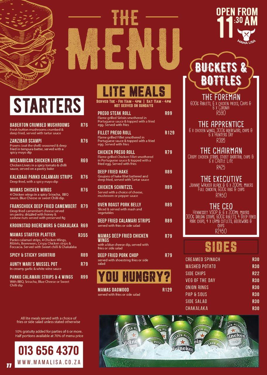 Menu at Mama Lisa restaurant, Emalahleni