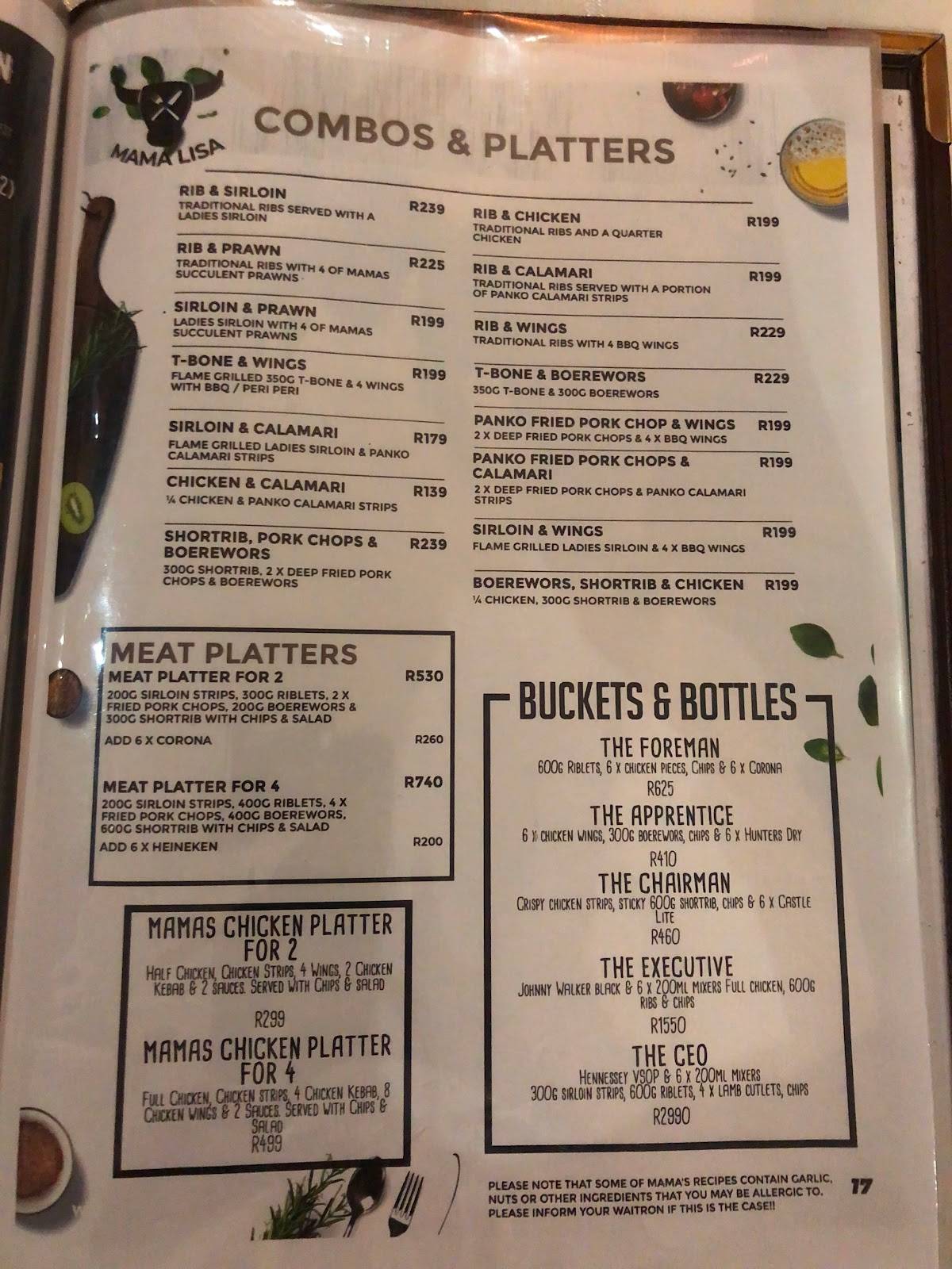 Menu at Mama Lisa restaurant, Emalahleni