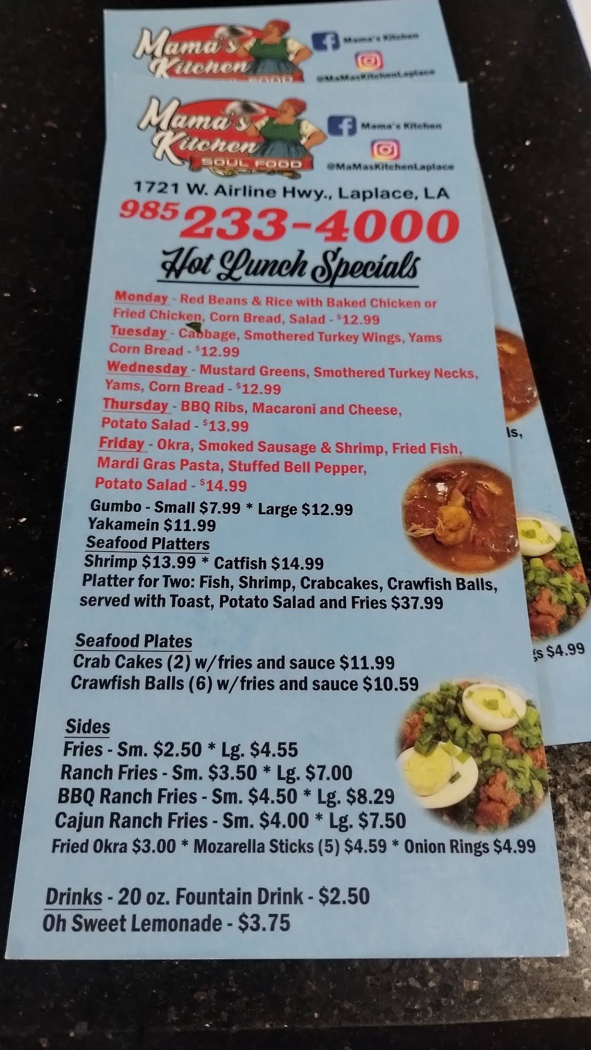 Menu at Mama's Kitchen restaurant, LaPlace