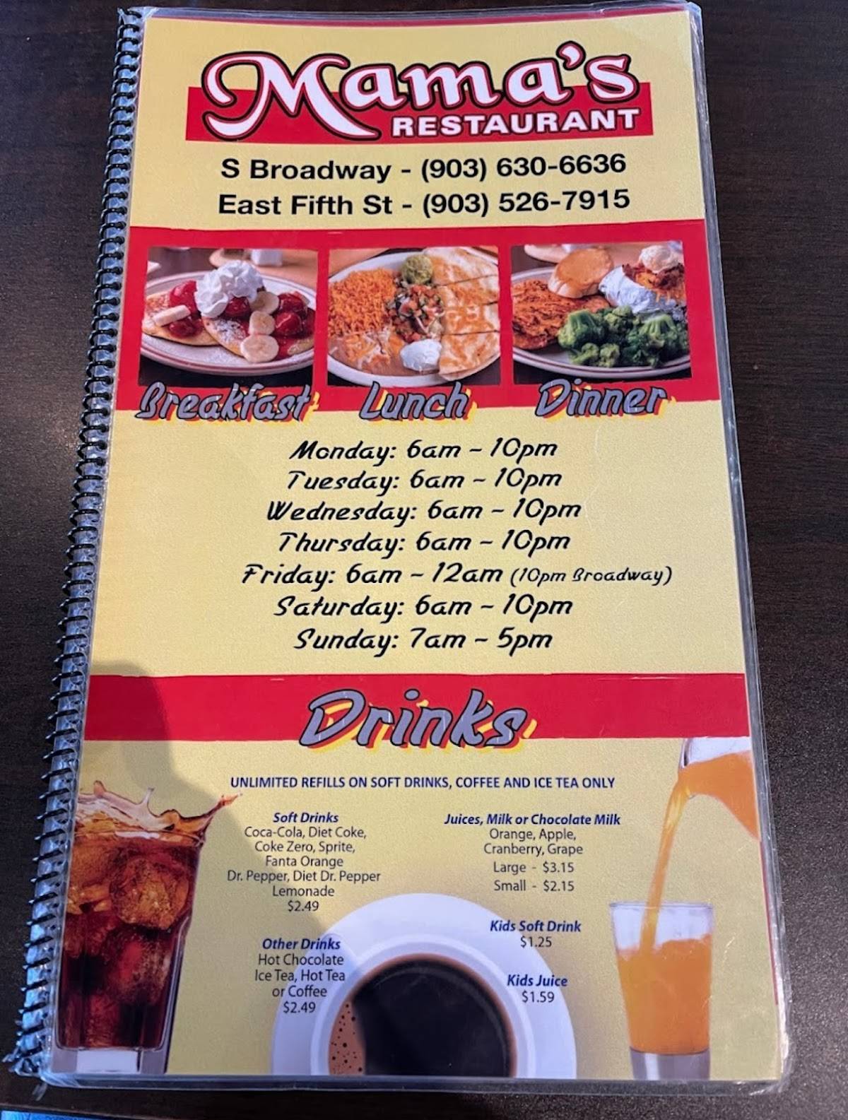 Menu at Mama's Restaurant, Tyler, S Broadway Ave