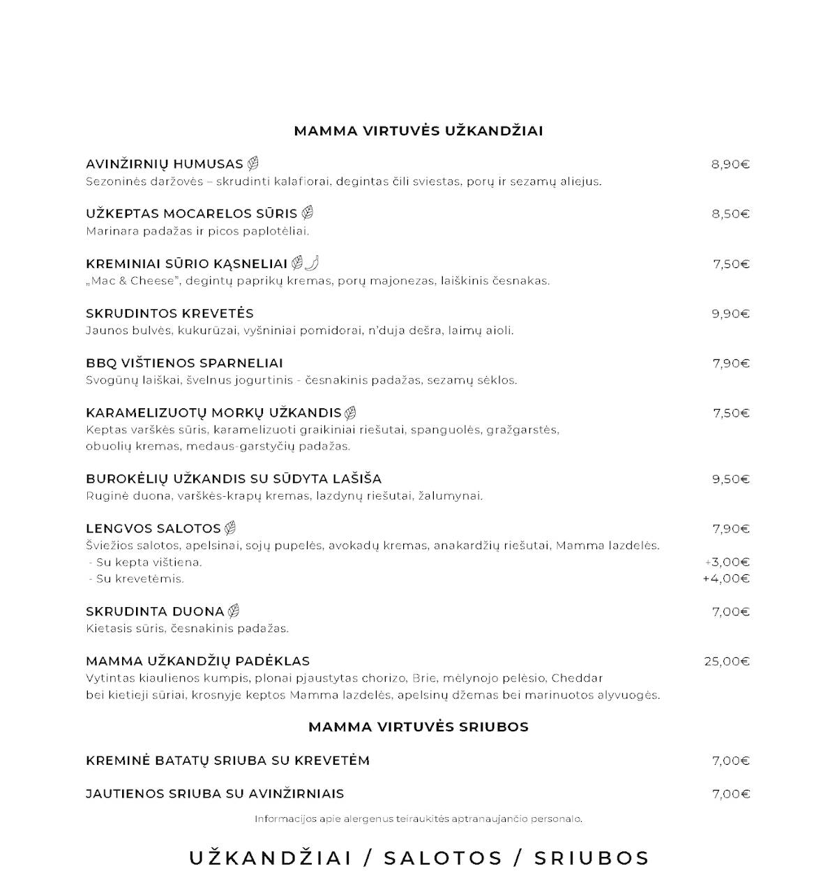 Menu at Mamma Kitchen Stories restaurant, Kaunas