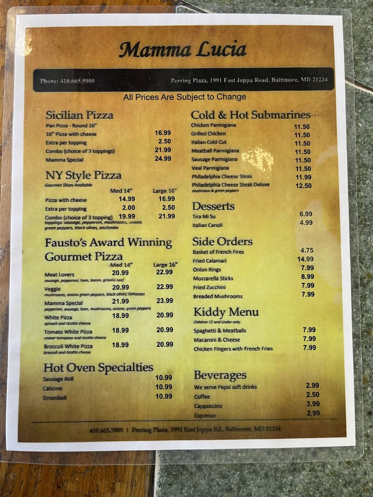 Menu at Mamma Lucia restaurant, Parkville, E Joppa Rd
