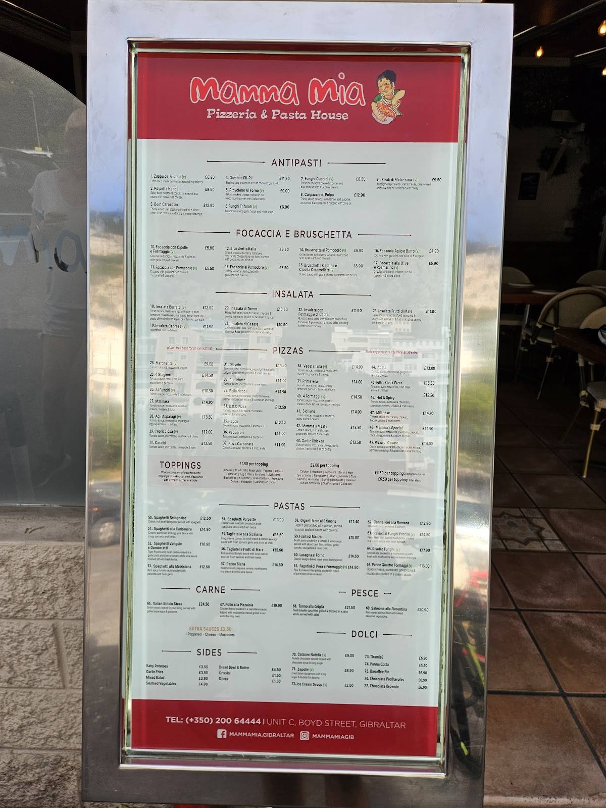 Menu at Mamma Mia - Pizzeria & Pasta House, Gibraltar