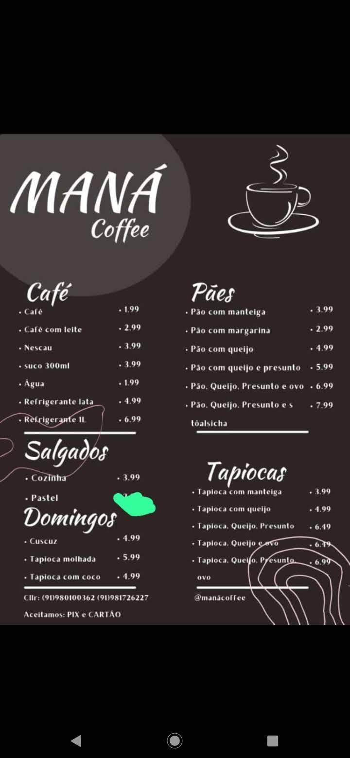 Menu em Maná coffee, Belém