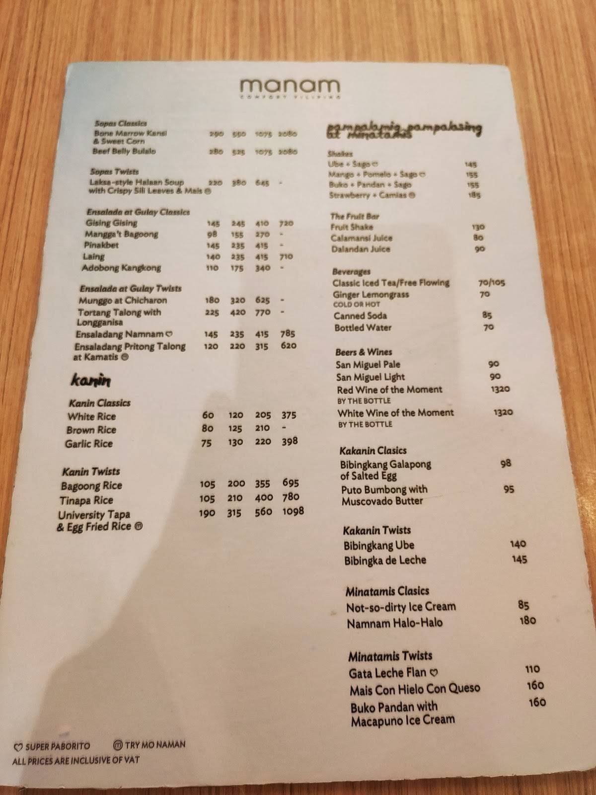 Menu at Manam Comfort Filipino restaurant, Quezon City, M24H+MR5