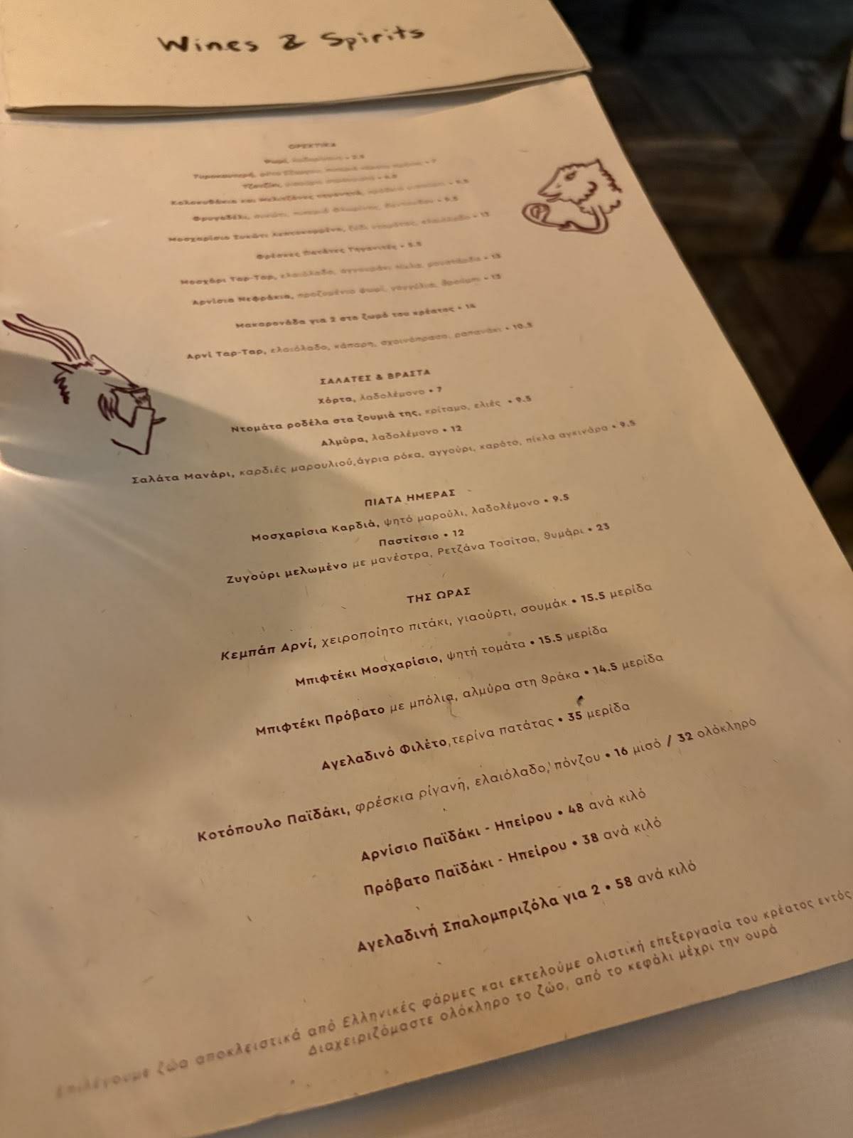 Menu at Manári Taverna, Athens