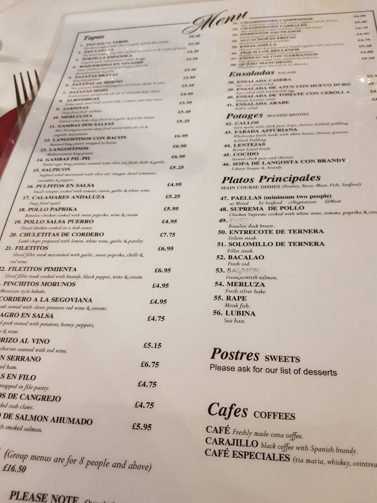 Menu at El Rincon de Rafa restaurant, Manchester