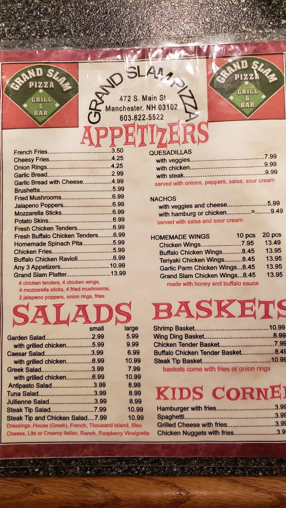 Menu at Grand Slam Pizza & Bar, Manchester, 472 S Main St