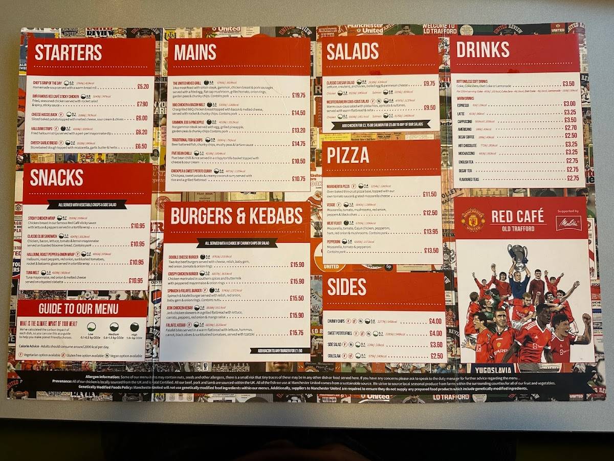 Menu at Red Café at Old Trafford cafe, Manchester, Stadium
