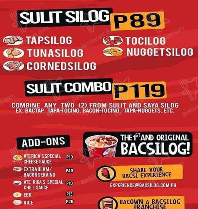 Menu at Ate Rica's Bacsilog restaurant, Mandaluyong, Worldwide ...
