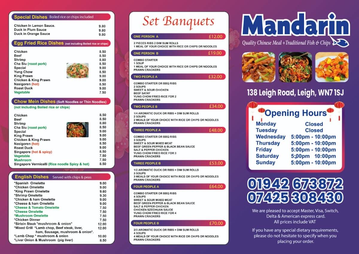 Menu at Mandarin Chinese fast food, Leigh