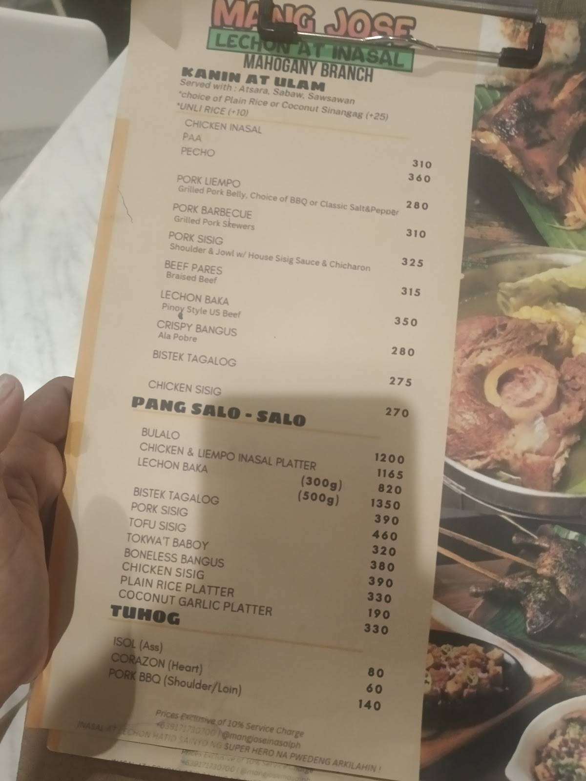 Menu at Mang Jose lechon at inasal restaurant, Tagaytay