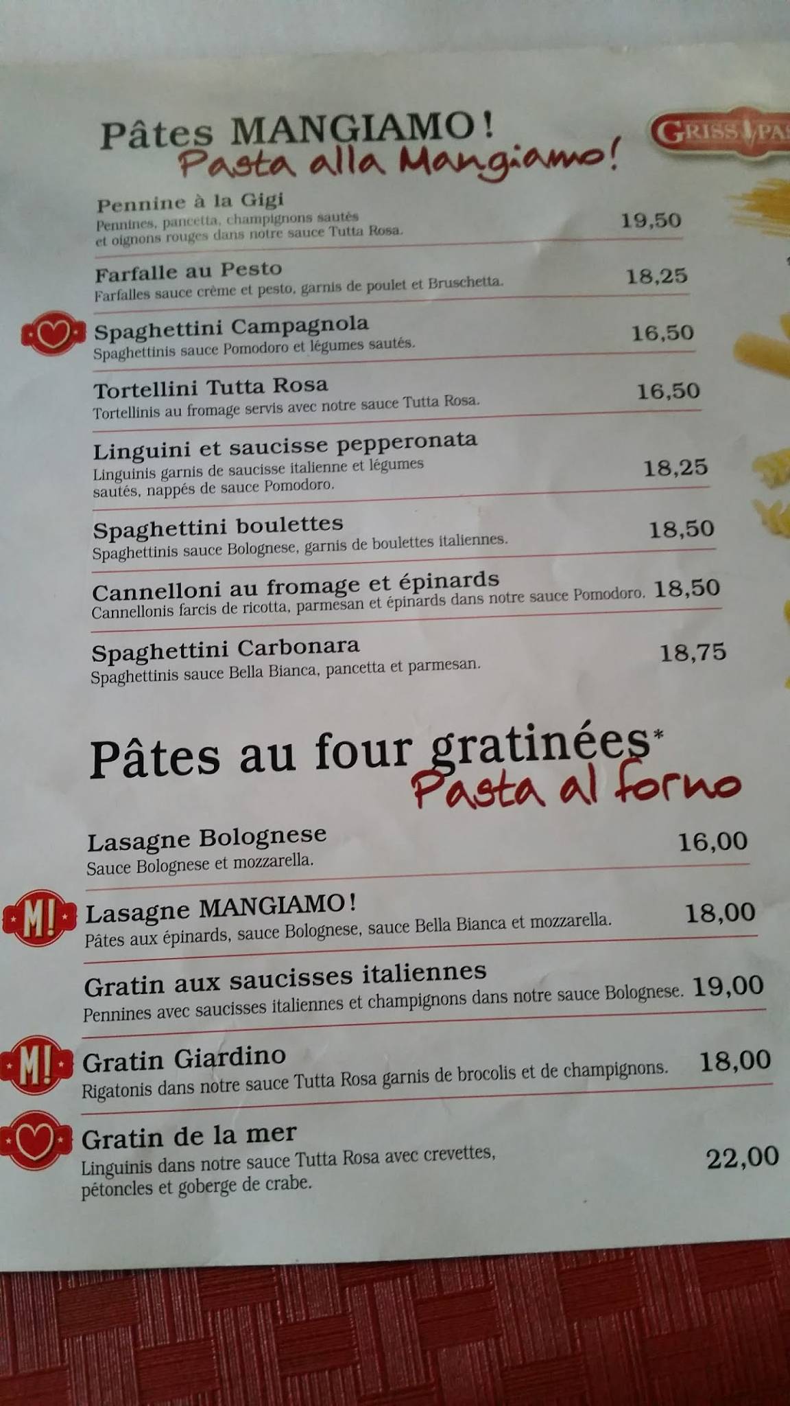 Menu au Mangiamo restaurant, Terrebonne