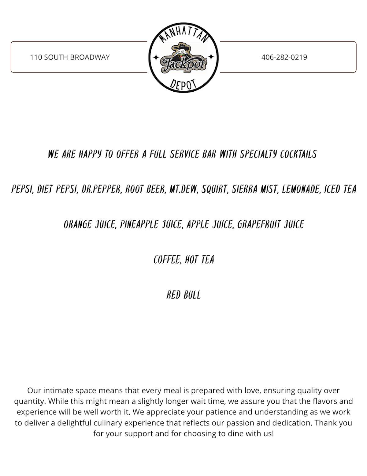 Menu at Manhattan Depot restaurant, Manhattan, 110 S Broadway St