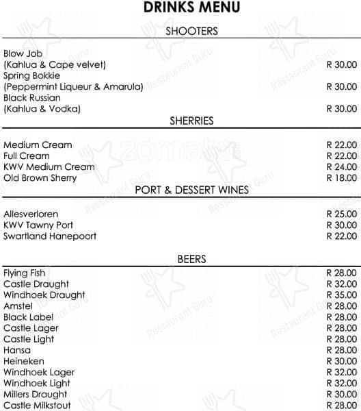 Menu at Manhattan Restaurant, Pretoria