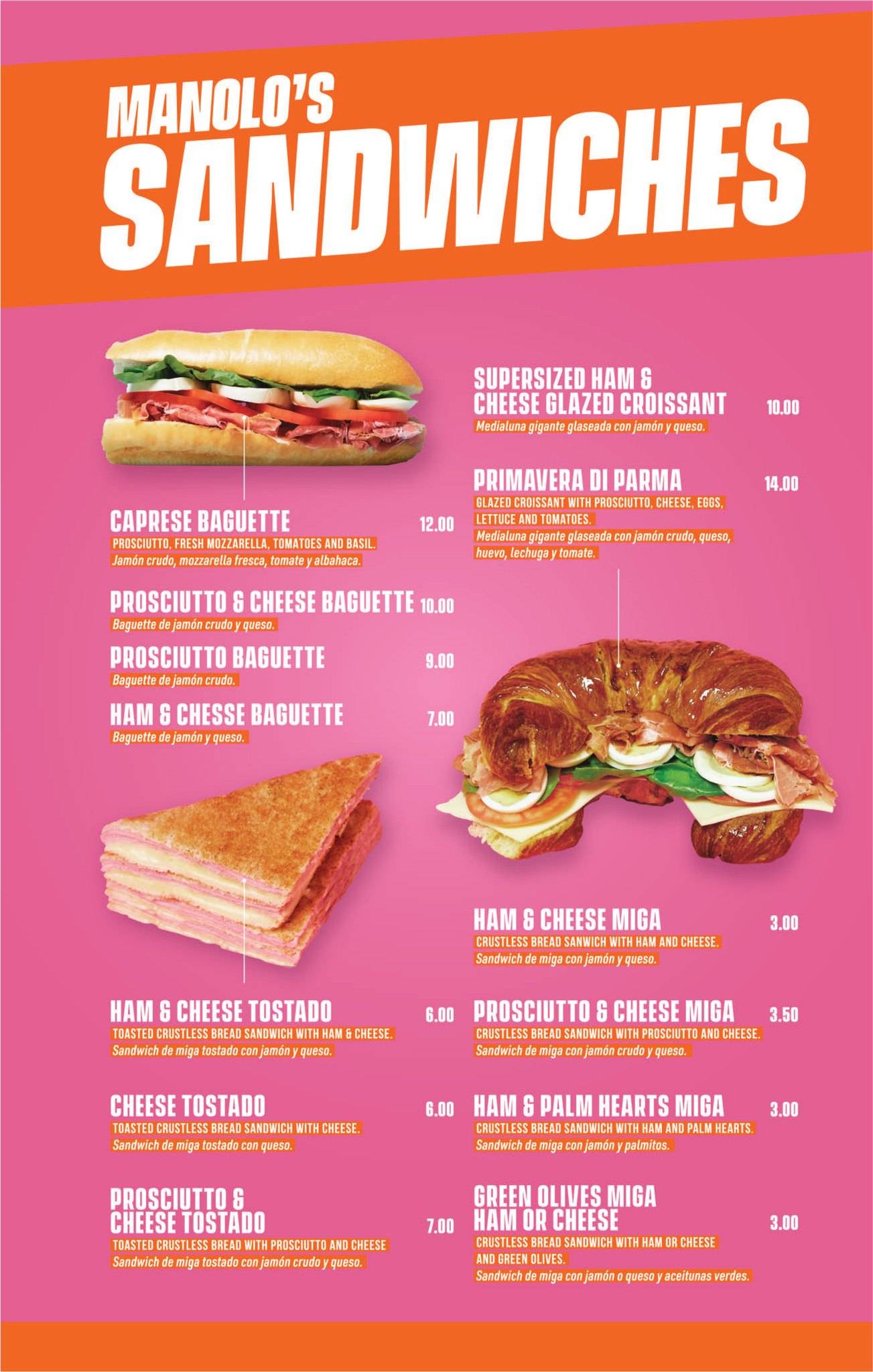 Menu at Manolo restaurant, Miami Beach, Collins Ave