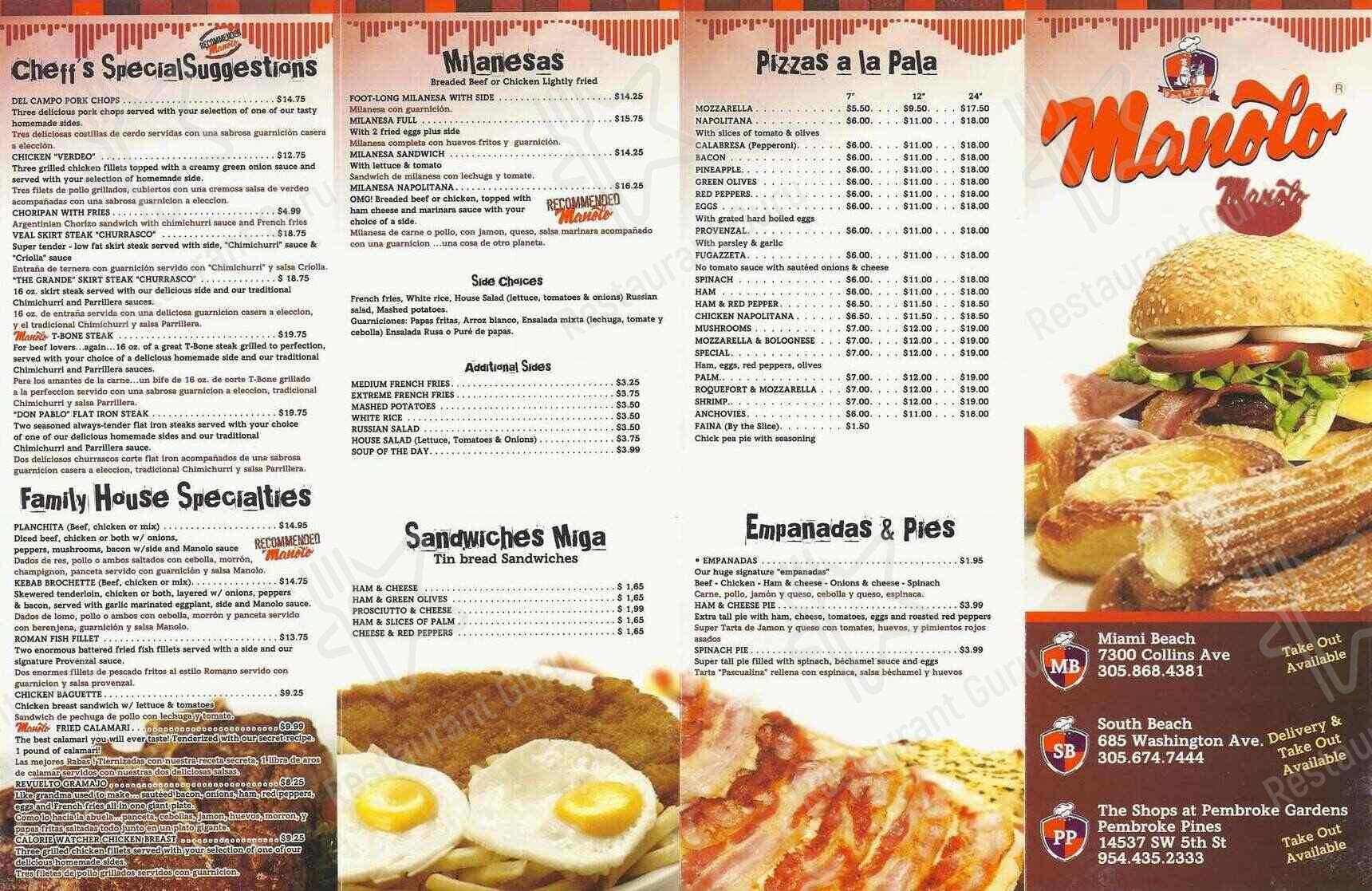Menu at Manolo restaurant, Miami Beach, Collins Ave