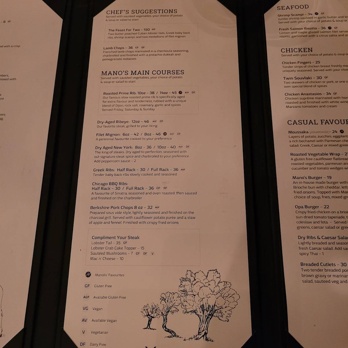 Menu at Mano's Restaurant & Lounge, Saskatoon, 8 St E #200