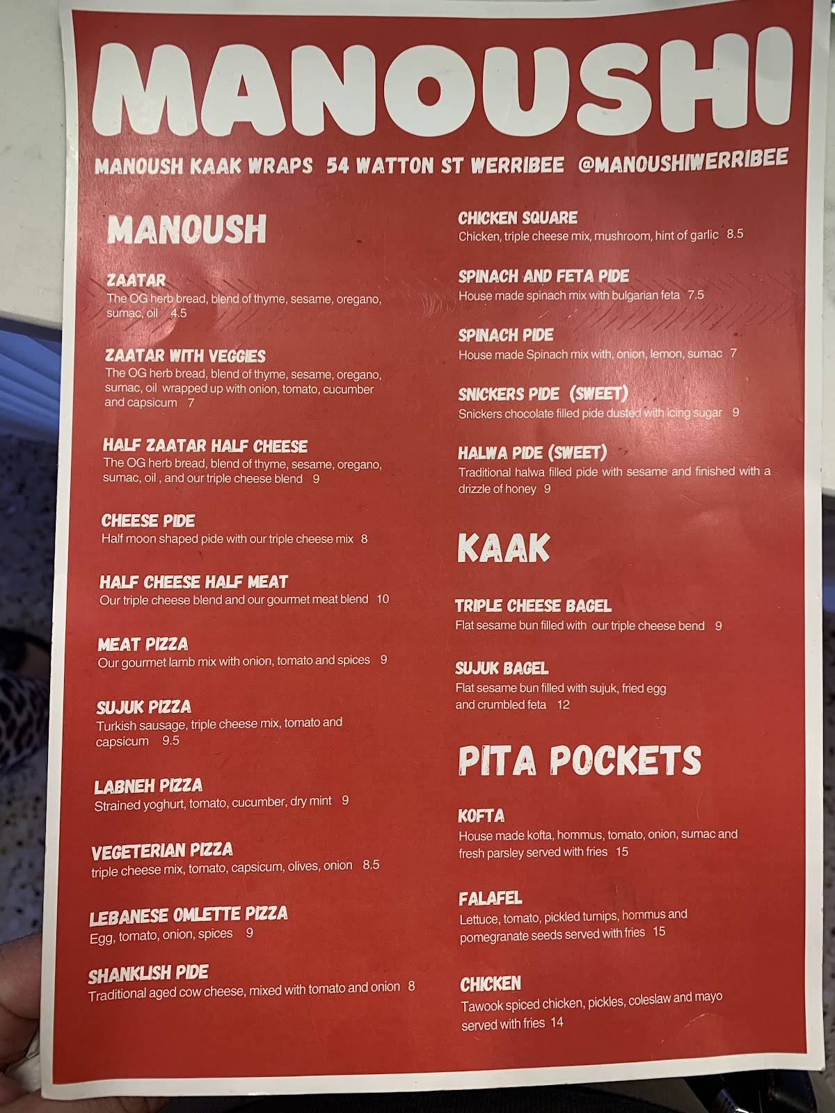 Menu at Manoushi, Werribee