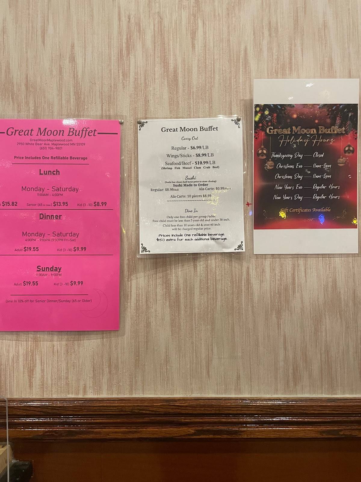 Menu at Great Moon Buffet restaurant, Maplewood, White Bear Ave