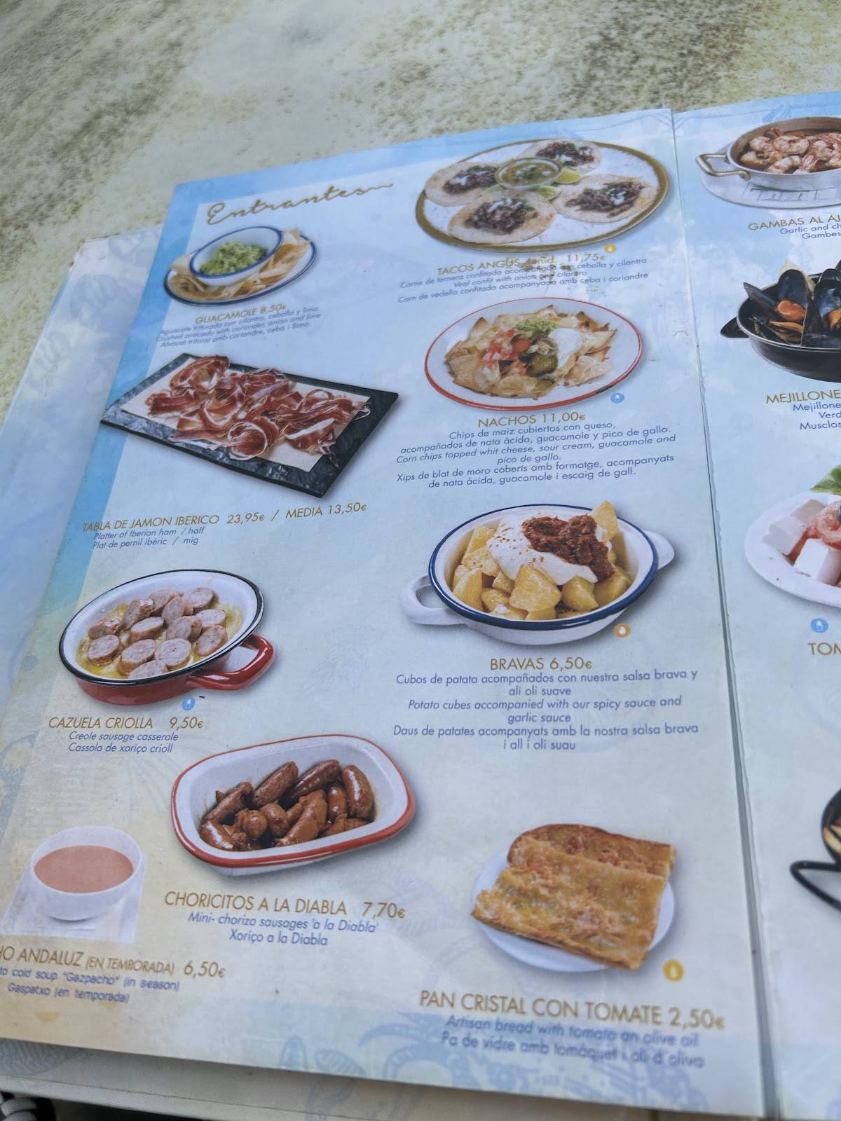 Menu at Mar beach restaurant bar, Barcelona