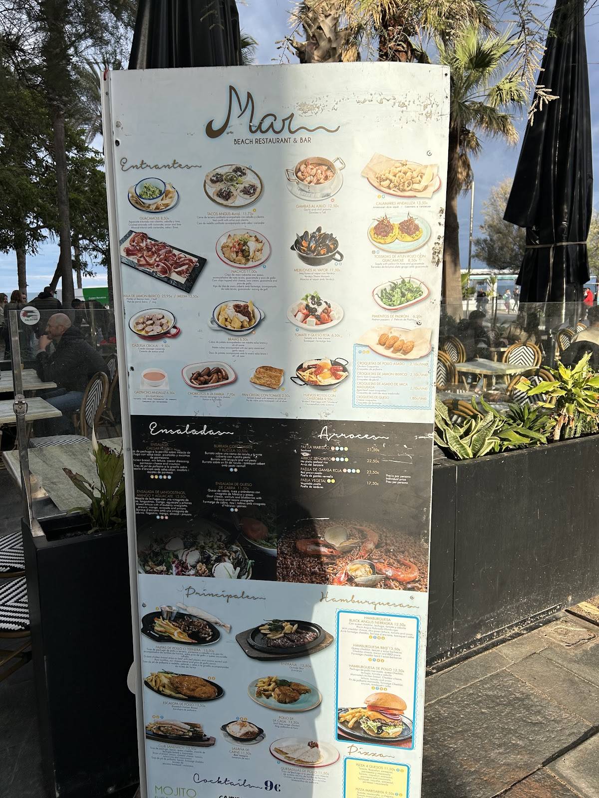 Menu at Mar beach restaurant bar, Barcelona