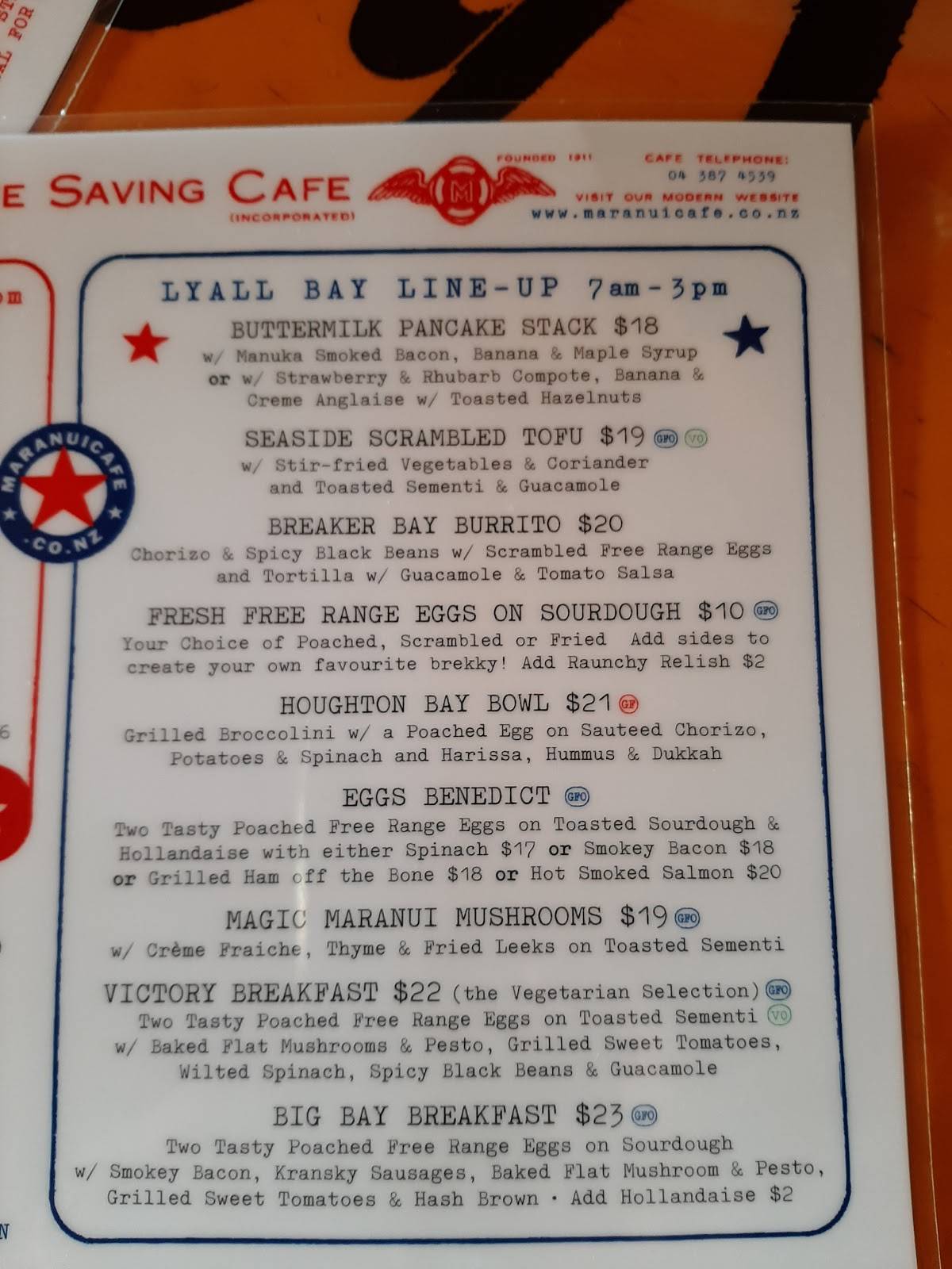 Menu at Maranui Cafe, Wellington