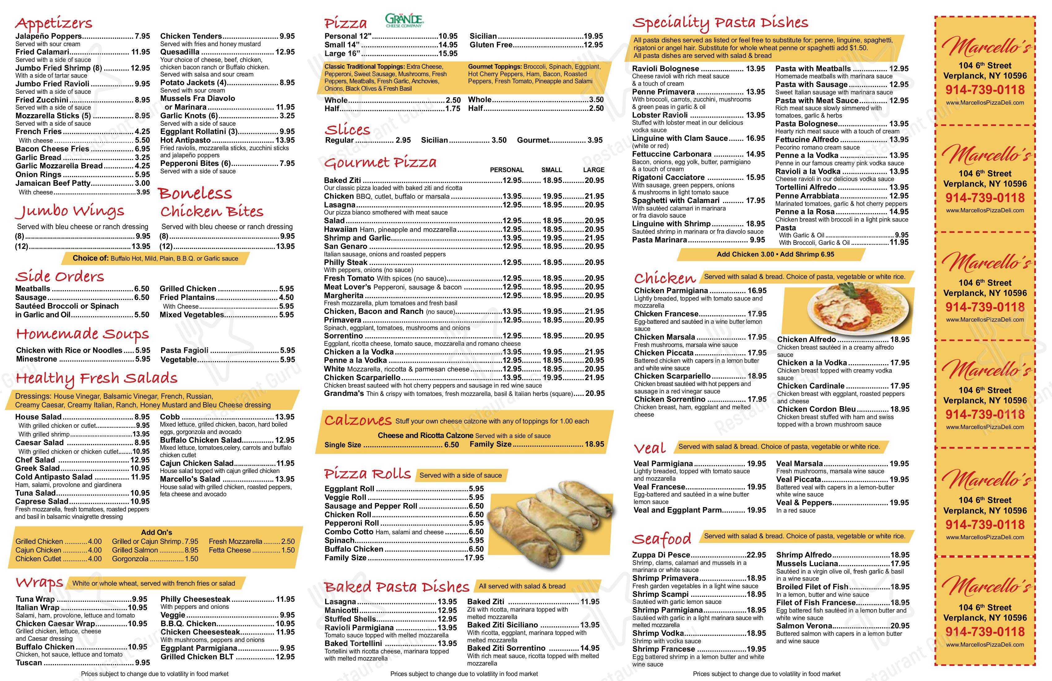 Menu at Marcello's pizzeria, Verplanck