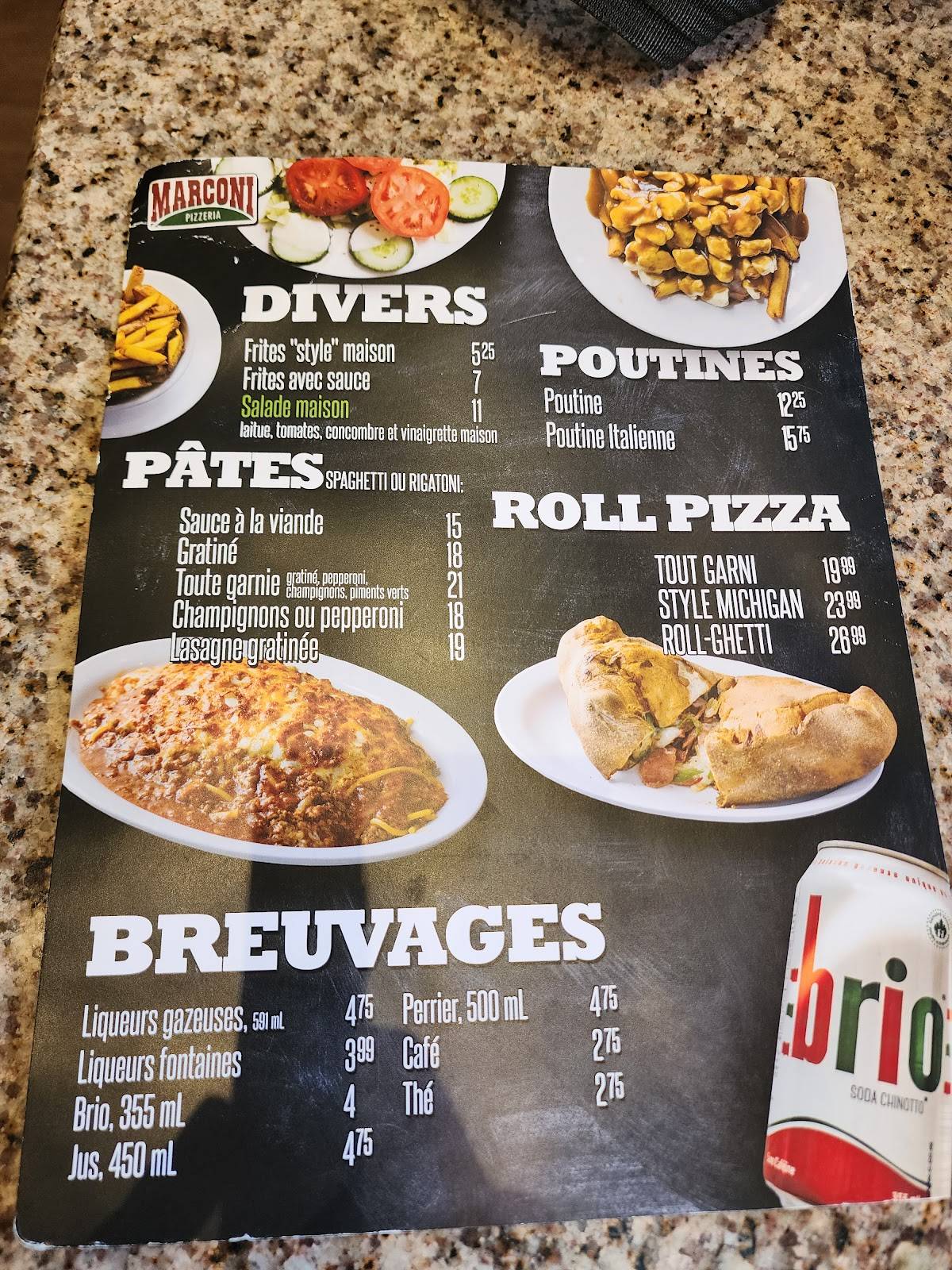 Menu au Pizzeria Marconi, Montréal, Rue Beaubien E