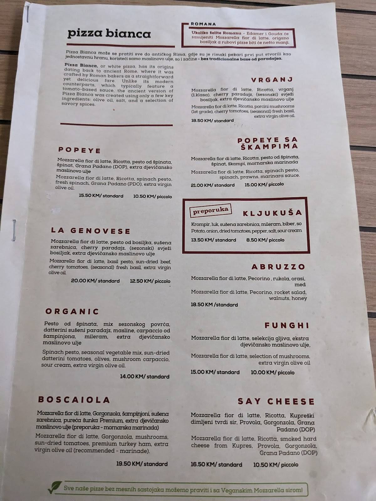 Menu at Margherita restaurant, Sarajevo, Kranjčevićeva 33
