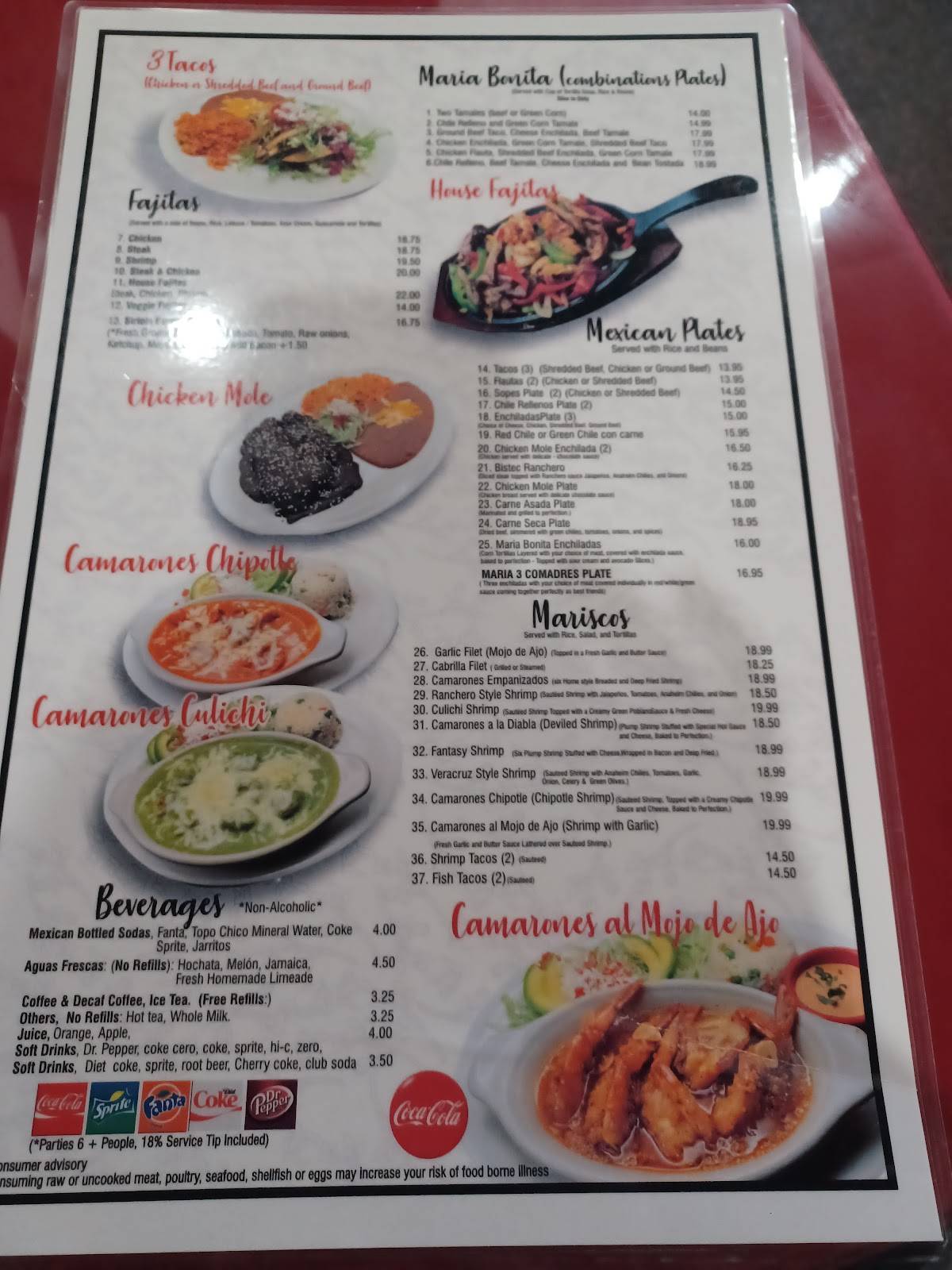 Menu at Maria Bonita Mexican Kitchen restaurant, Tucson