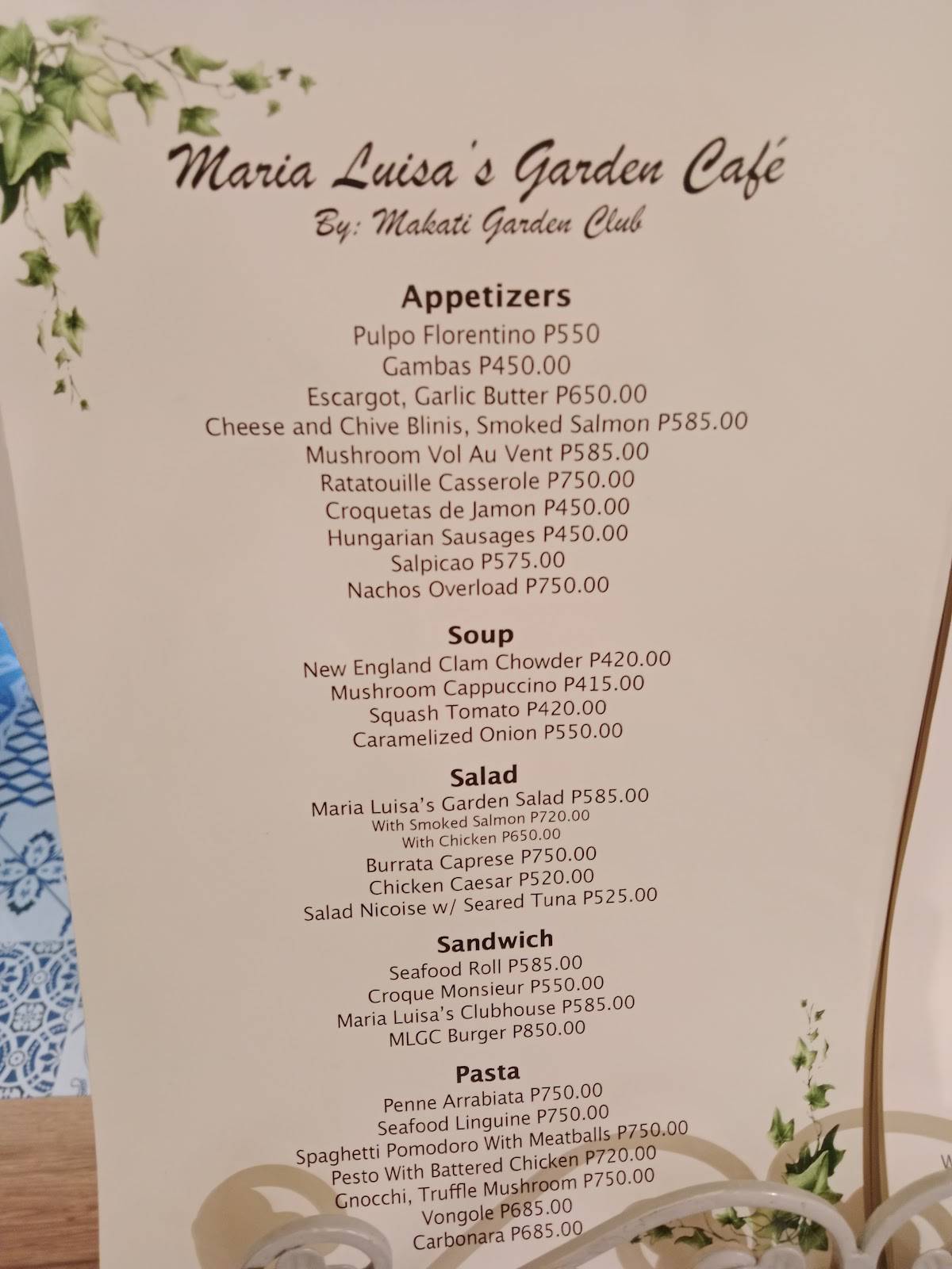 Carta de Maria Luisa's Garden Cafe, Makati, 237 Recoletos Street