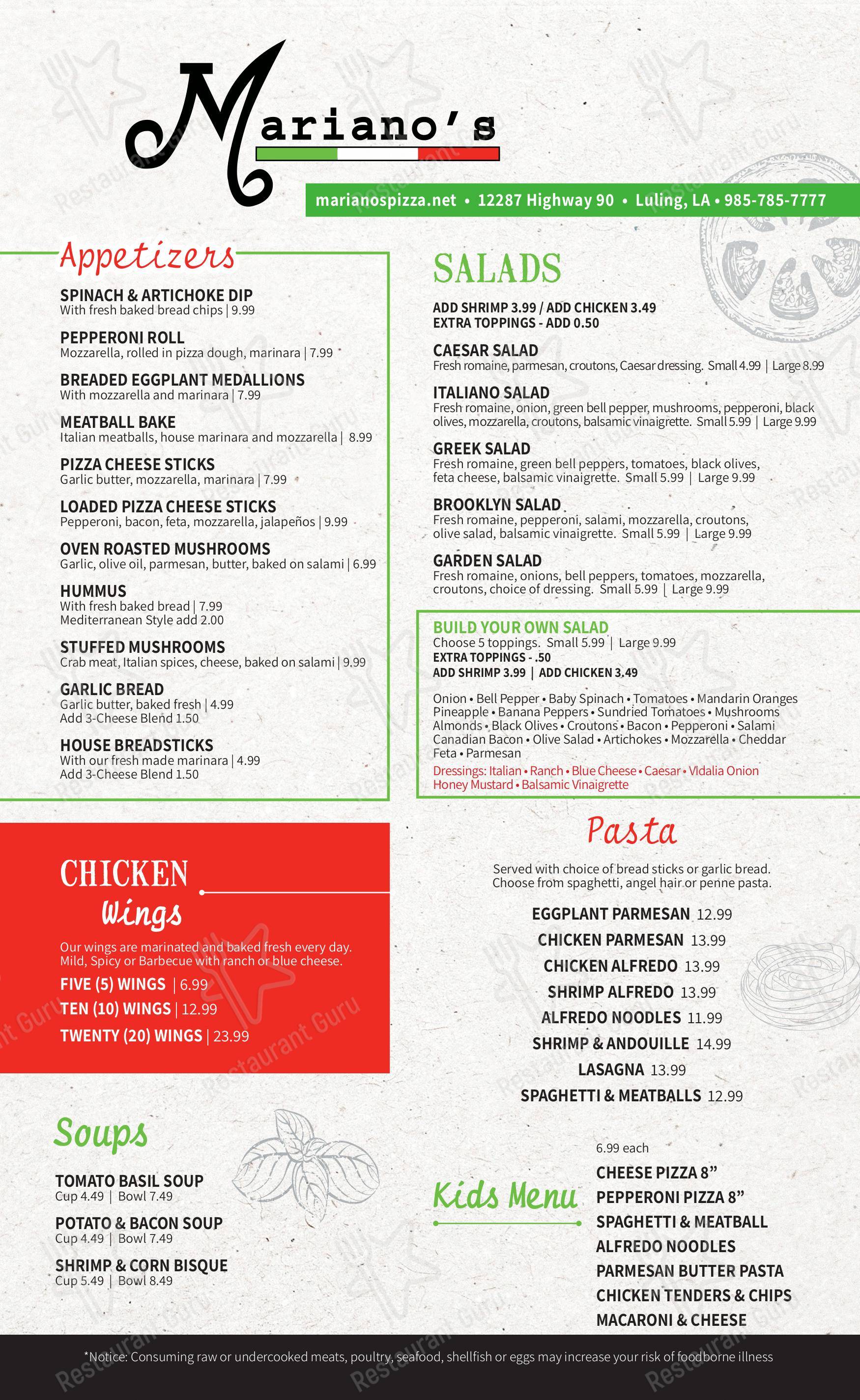 Menu at Mariano's Italian Eatery restaurant, Luling, US-90