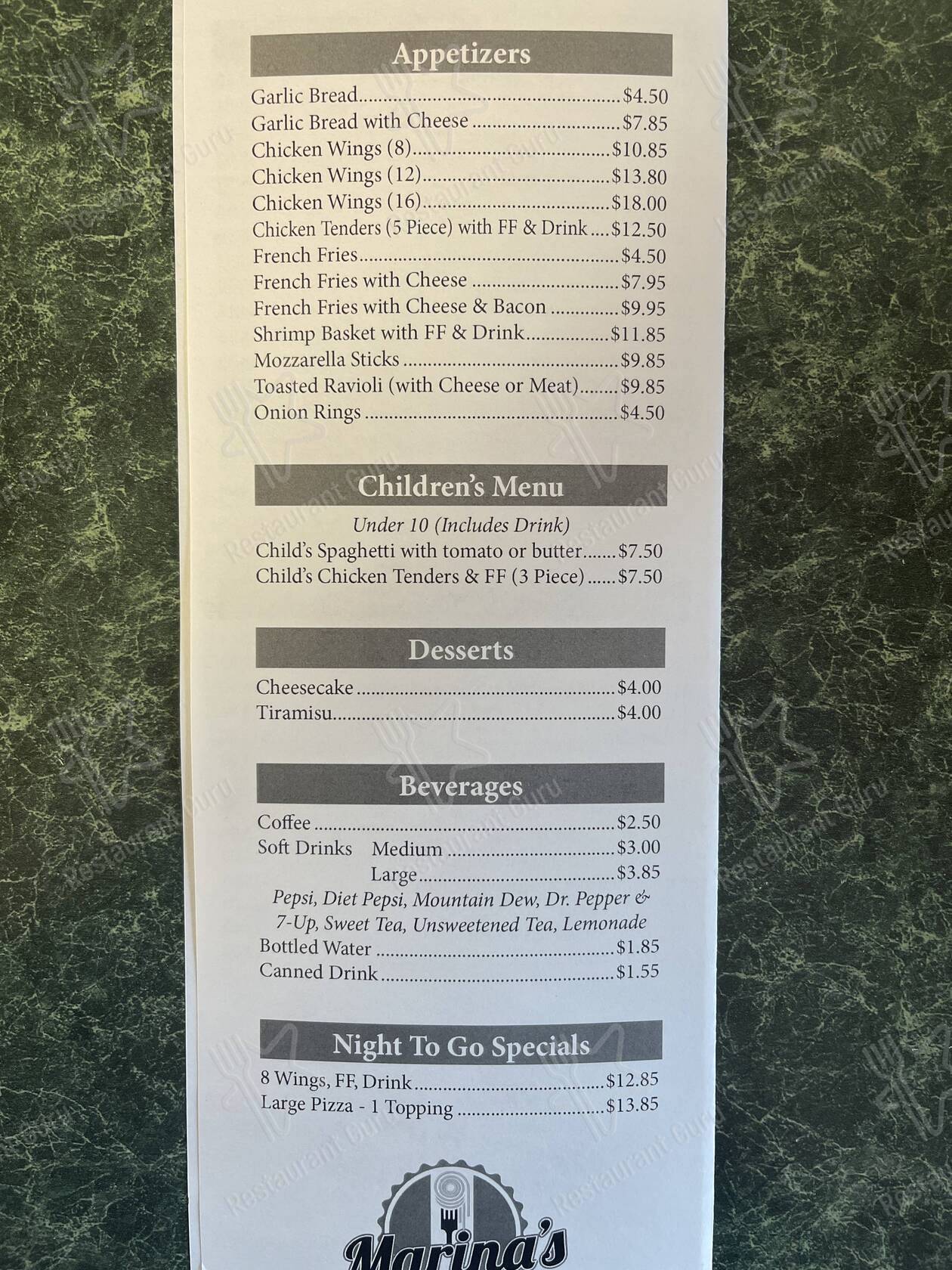 Menu at Marina's Italian Restaurant, Enfield