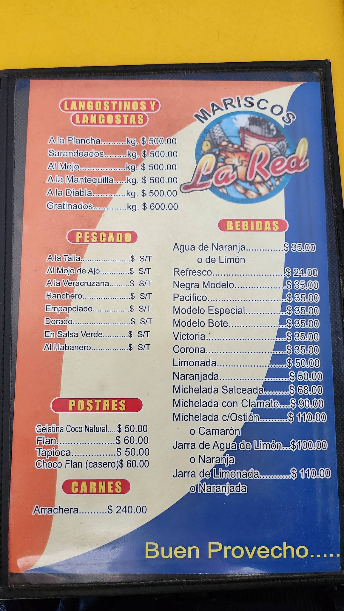 Menu at Mariscos La Red restaurant, Lázaro Cárdenas