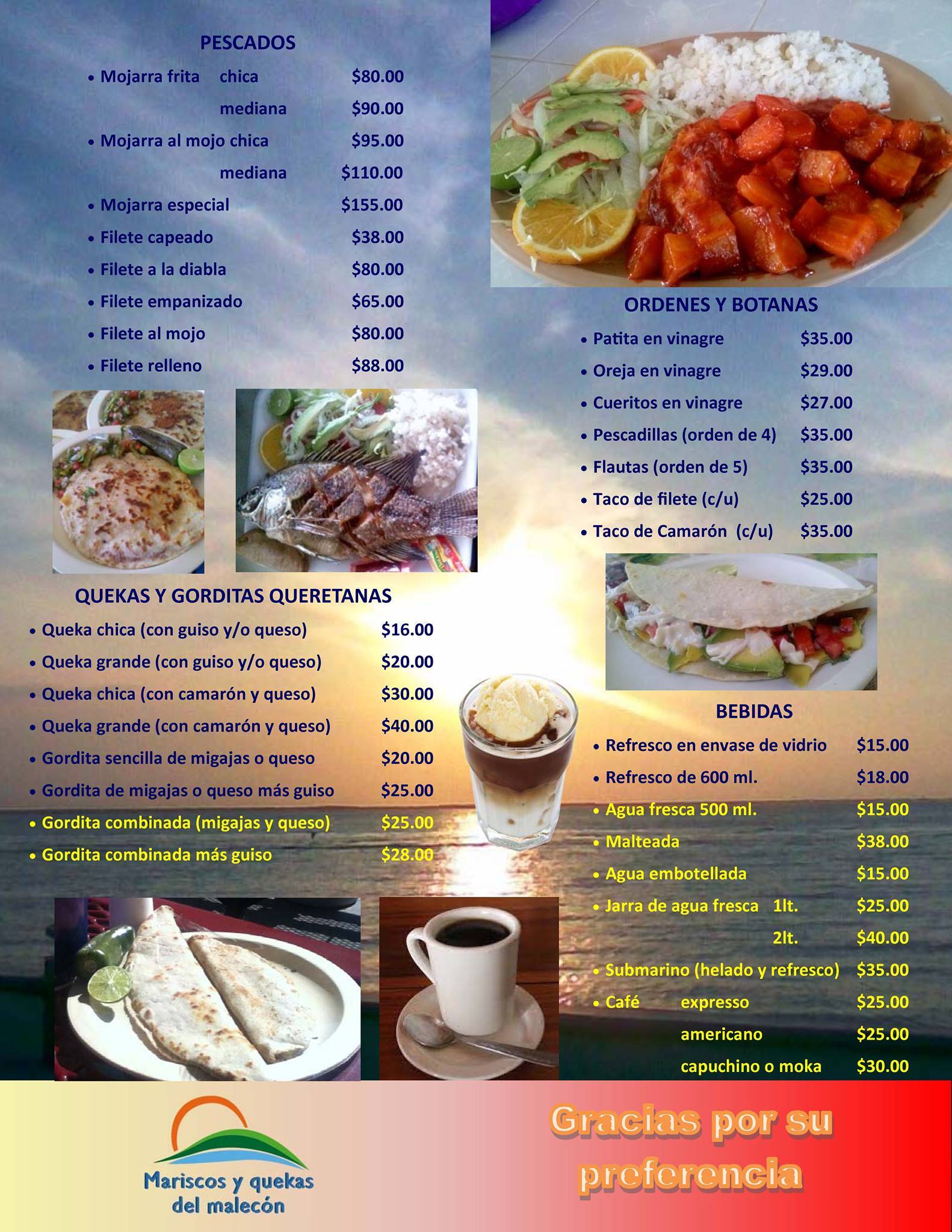 Carta del restaurante Mariscos y Quekas Del Malecón, Santa Rosa Jáuregui
