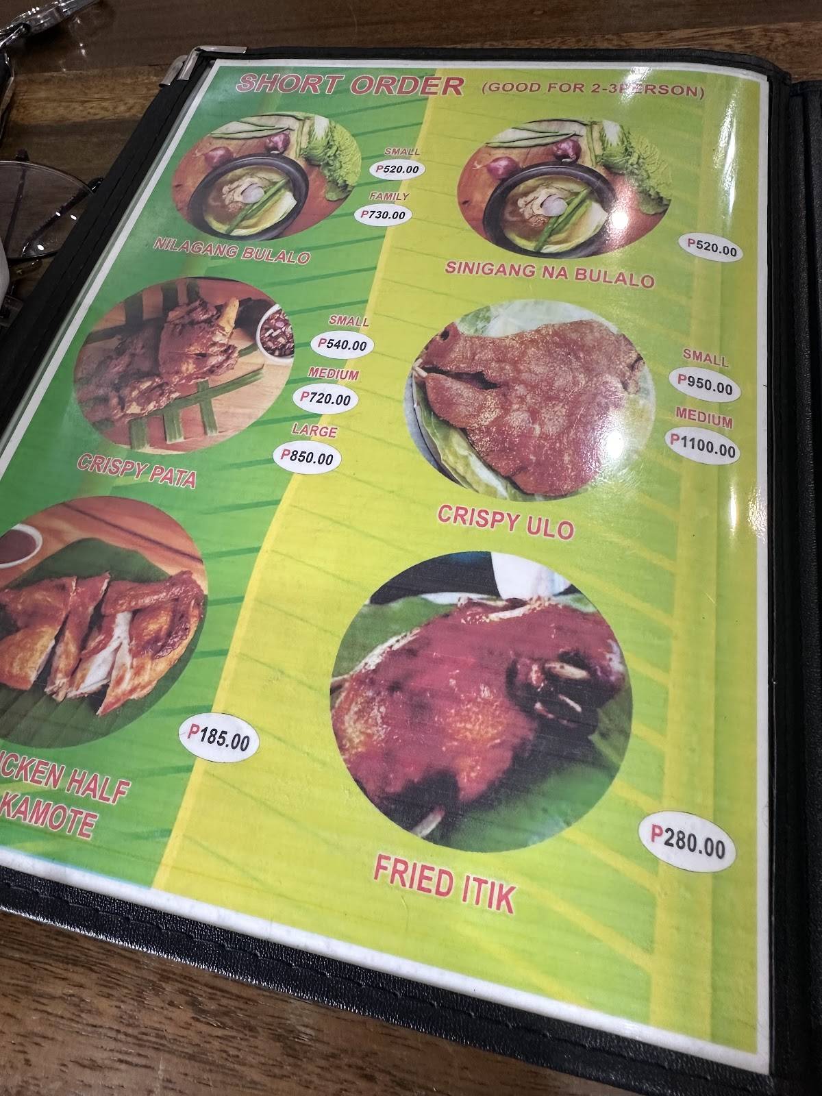 Menu at Marlon's Special Pancit Malabon restaurant, General Trias