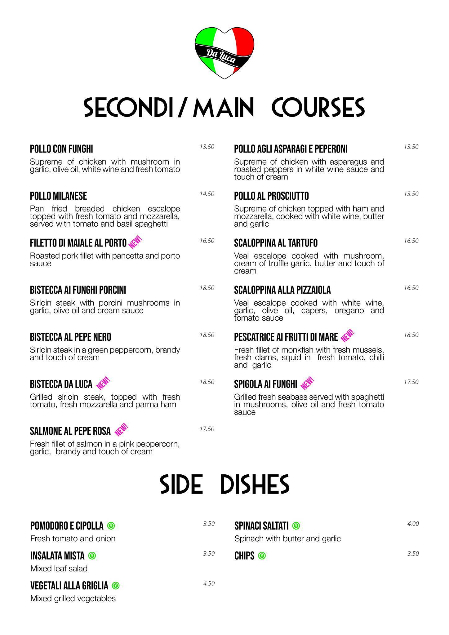 Menu at Da Luca Restaurant, Marlow