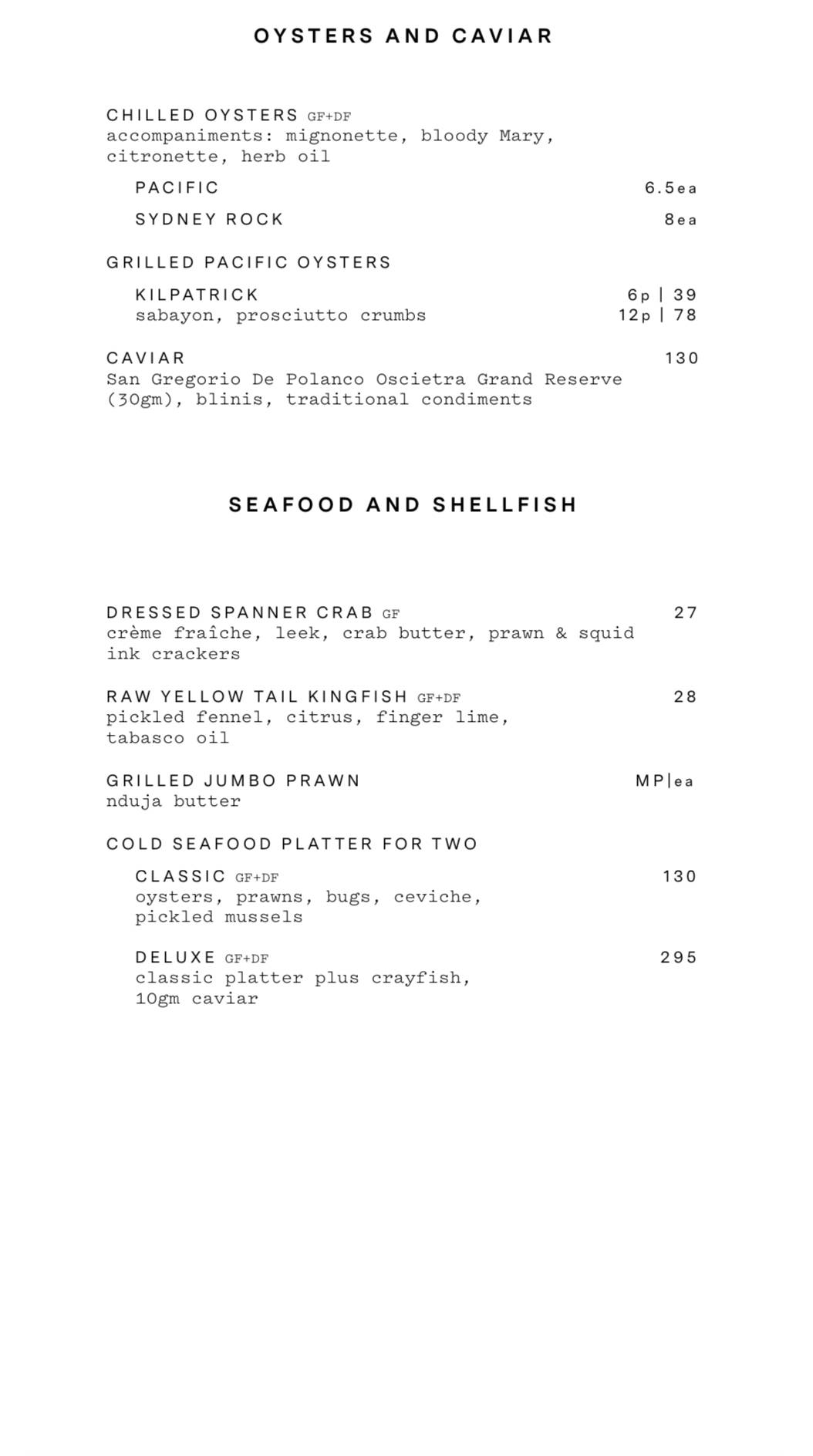 Menu at Marmor restaurant, Townsville City