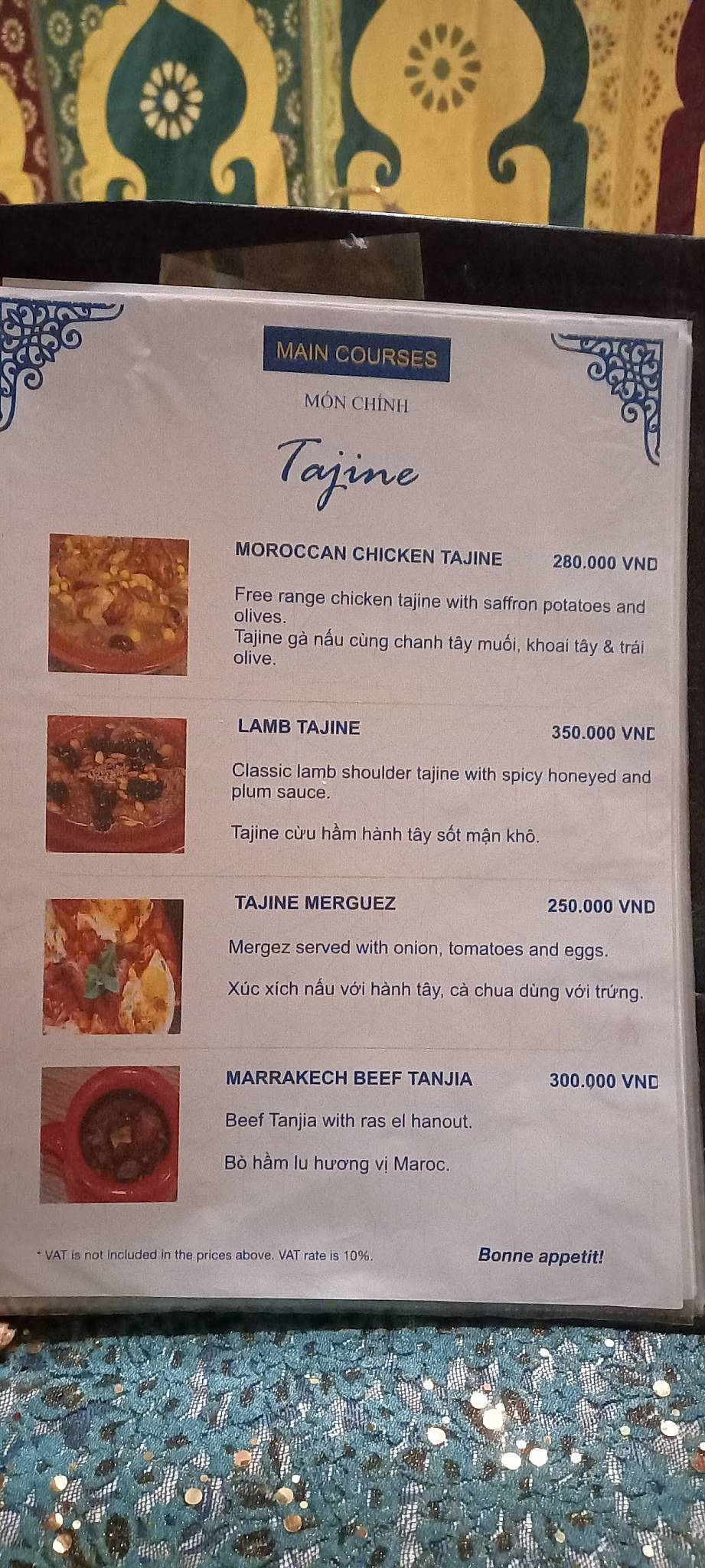 Menu at Marrakech Riad Moroccan Restaurant, Ho Chi Minh City