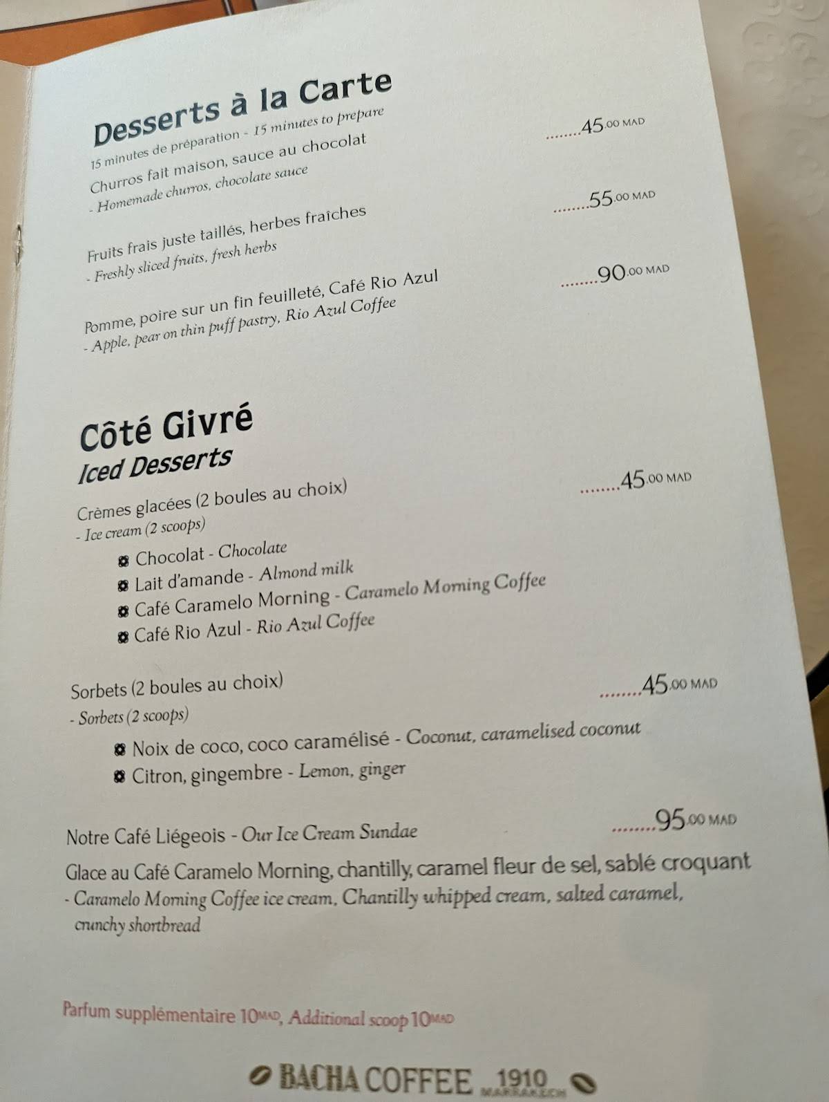 Menu au Bacha Coffee café, Marrakech