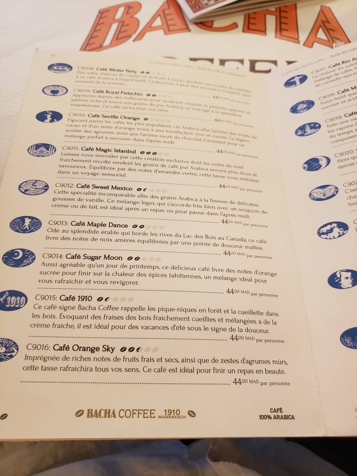 Menu au Bacha Coffee café, Marrakech